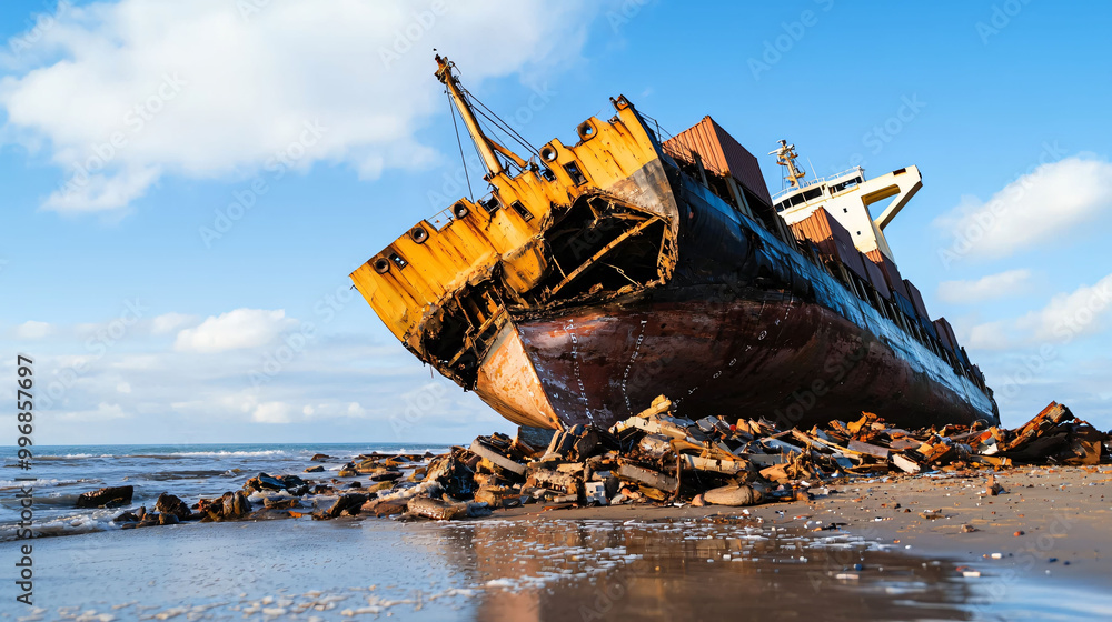 grounded cargo ship on beach evokes sense of abandonment and natures ...
