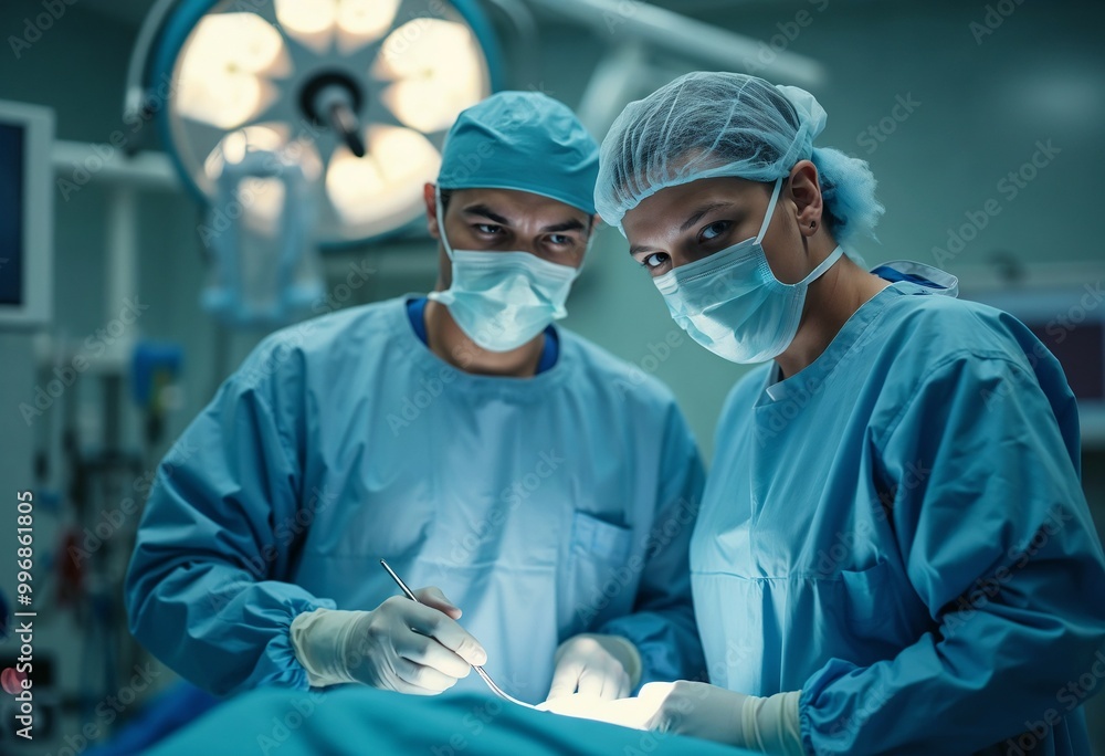 Two surgeons in full sterile gear are performing an operation in a ...