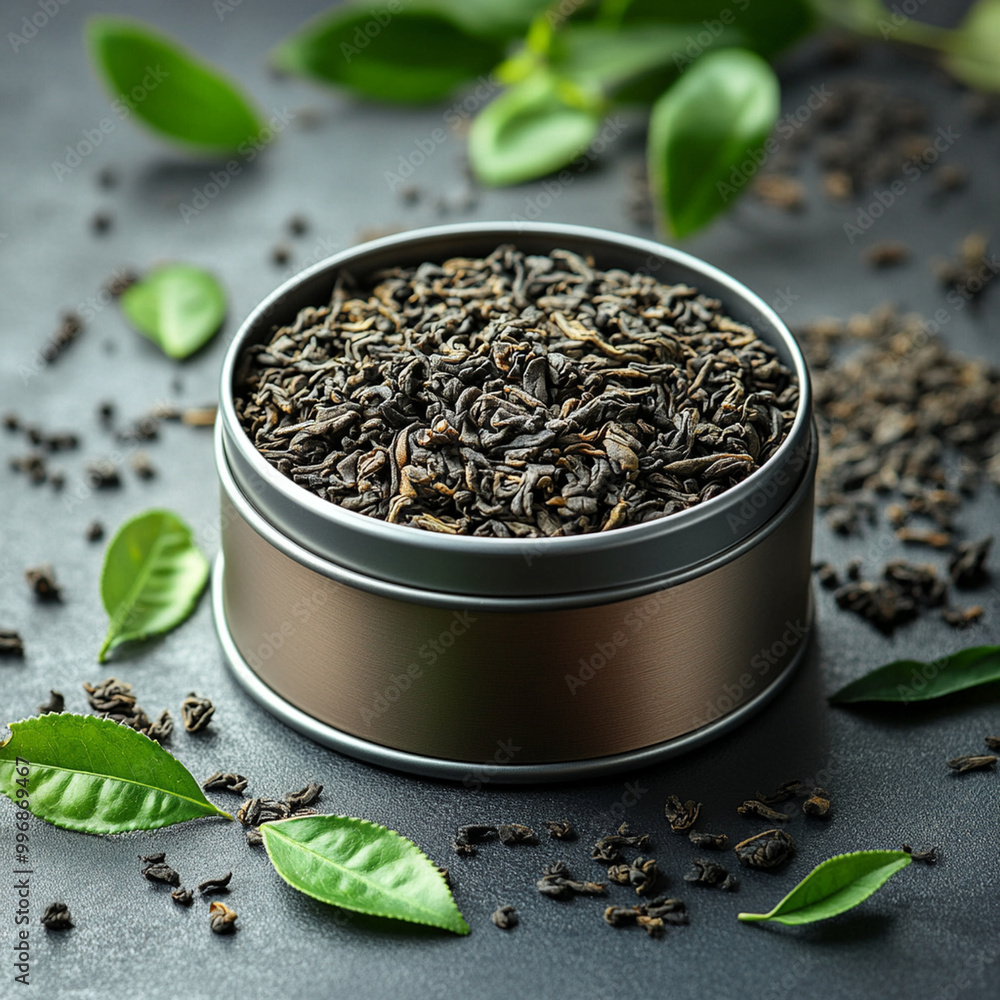 Organic tea leaves in tin with loose leaves scattered around create ...