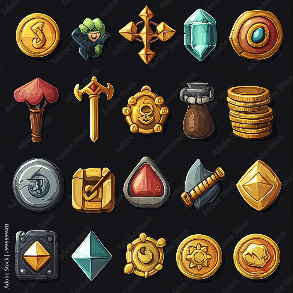 RPG Game Icon Pack: Cartoon-Style UI Elements, Fantasy Coins, Gear ...