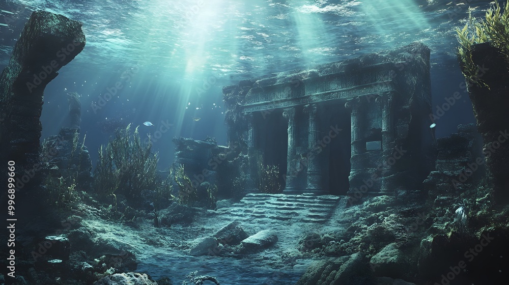 Sunlit underwater landscape revealing the enigmatic ruins of a long ...