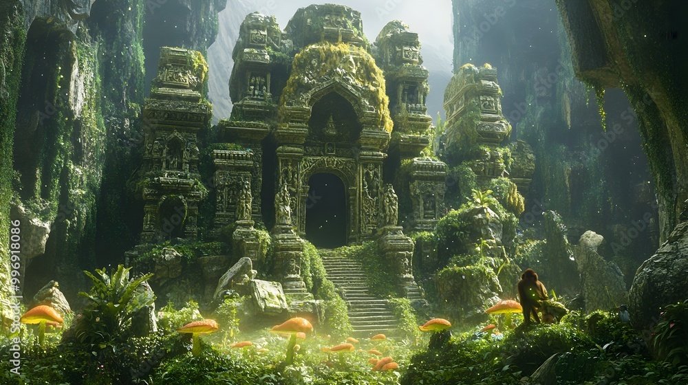 Weathered moss covered ruins of a lost temple hidden deep within a lush ...
