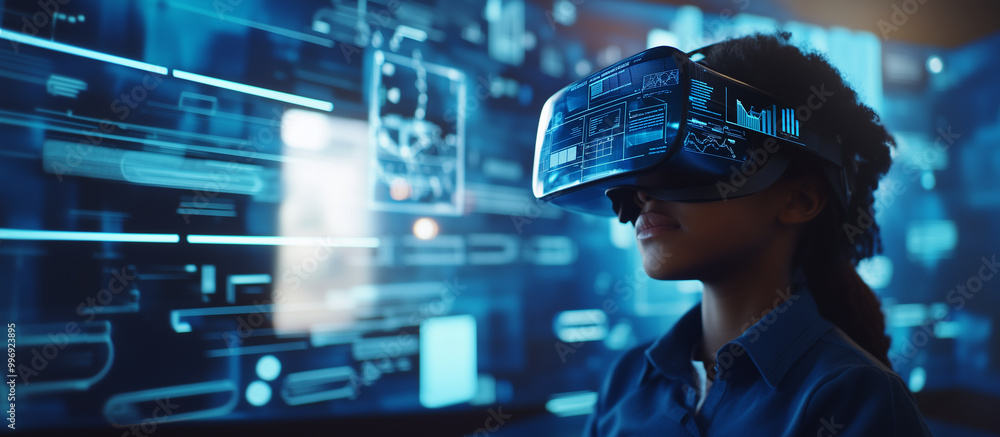 Student with VR Headset Using AI A school student in a classroom is ...