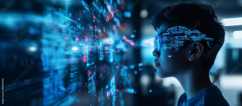 AI Cybersecurity Learning with AR Technology A student learning data ...