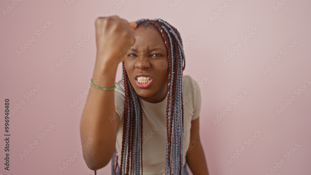Angry african woman with braids against a pink background showing a ...