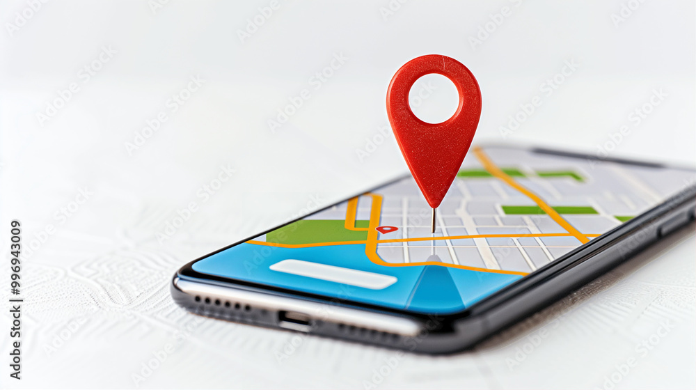 Smartphone with map and location pin display for navigation purposes ...