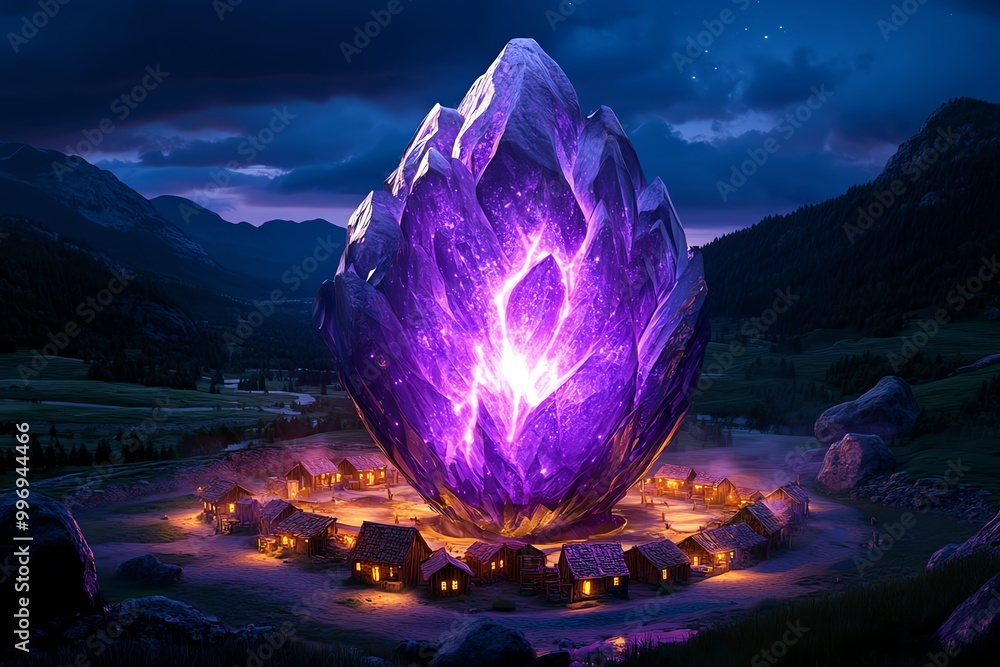 A mystical energy crystal powering an entire village, representing a ...