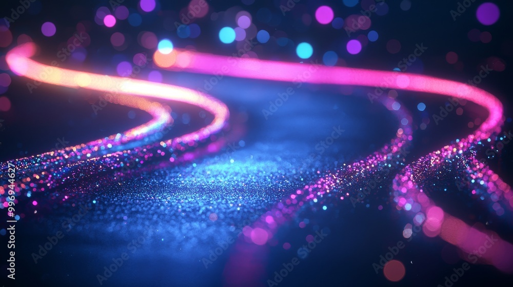 This abstract design features a neon grid with retro 80s digital wave ...