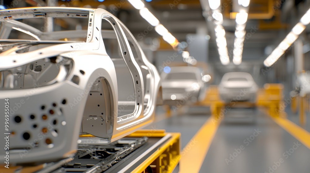 Various car chassis are built on an assembly line in a high-tech ...