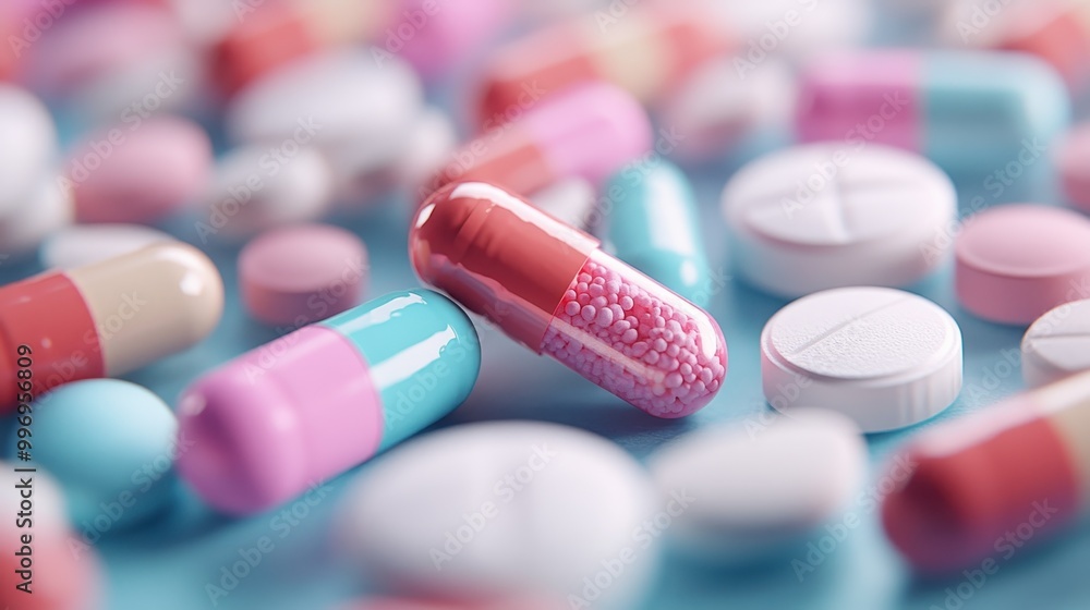 Various shapes and colors of pills and capsules are scattered on a ...