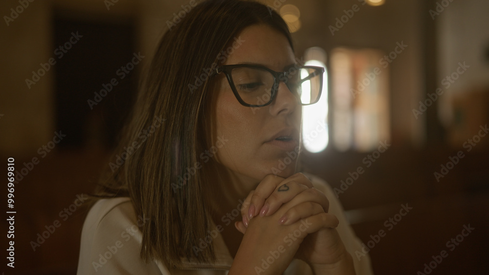 Young hispanic woman praying inside a church in italy, showcasing her ...