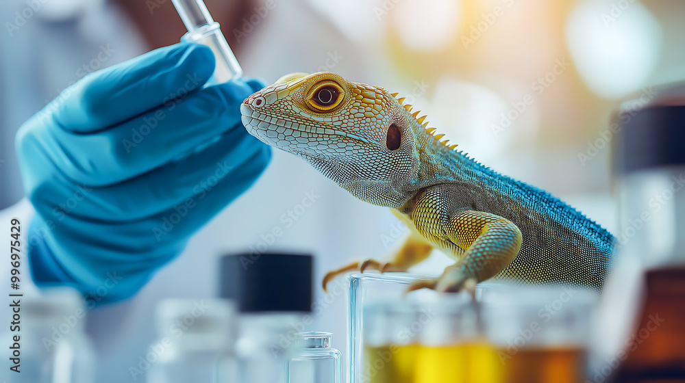 Animal test on a lizard, Scientist or pharmacist do research chemical ...