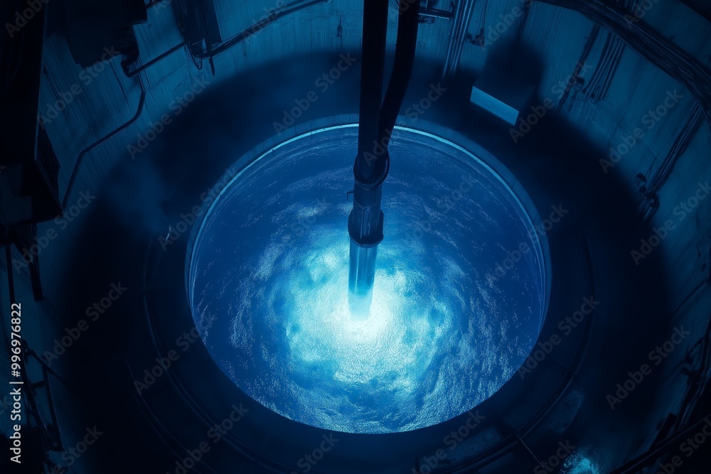 Close-up view of a glowing blue nuclear reactor core, representing ...