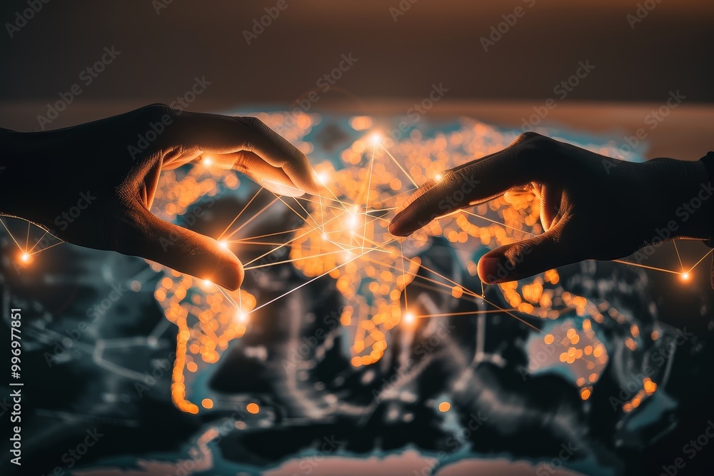 Hands interacting with a digital global network, symbolizing technology ...