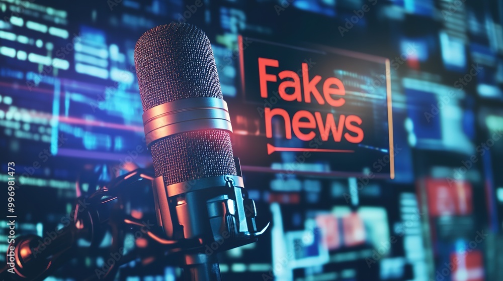 microphone in the studio on a blurred background with the words "fake ...