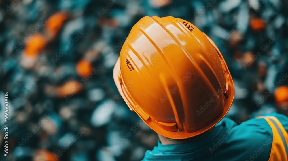 An industrial worker wearing a yellow hard hat and teal-colored work ...
