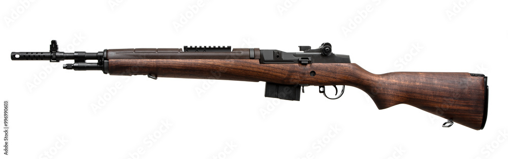 Classic semi-automatic rifle with a wooden stock and black metal parts ...