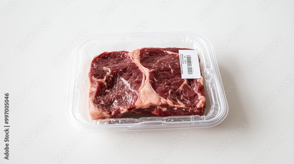 A neatly packed sirloin steak in a plastic container with a label ...