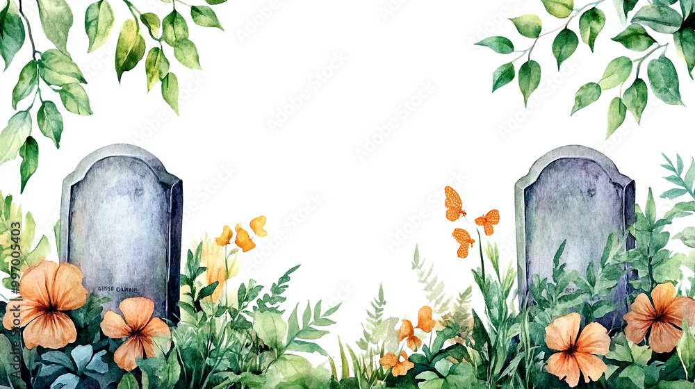 Watercolor tombstones overgrown with plants on white background. Banner ...