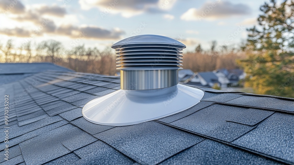 An attic static vent on a shingle roof provides passive ventilation ...