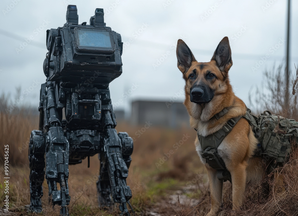 Army robot dog alongside a German shepherd at MacDill Air Force Base in ...