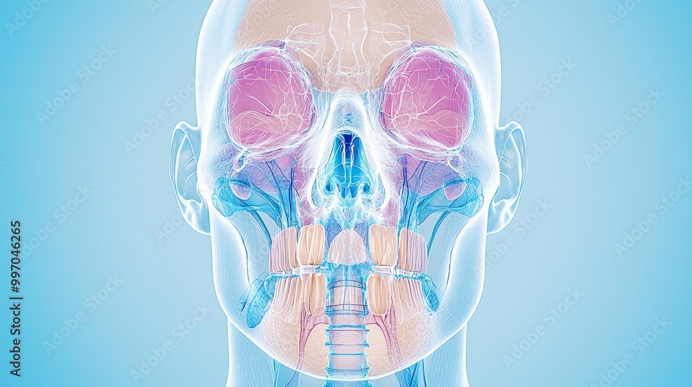 3D illustration of the human skull with anatomical details of the ...