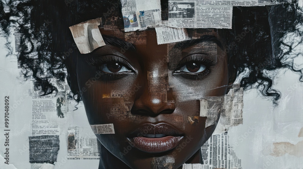 Collage from black woman face with note, newspaper piece text ...