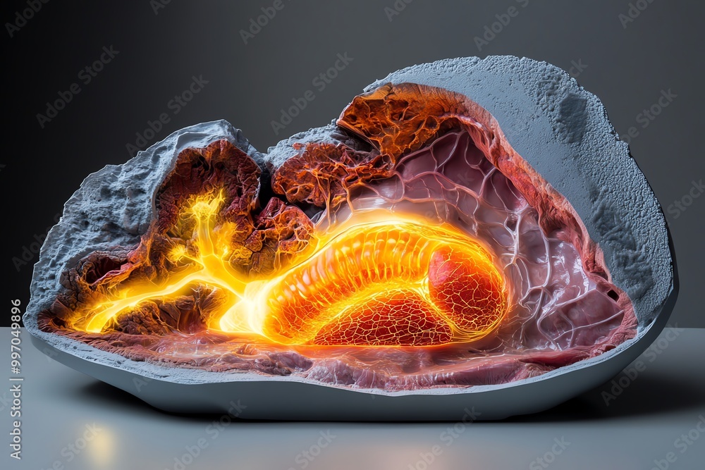 Hyper-Realistic cross-section of the pancreas, showing its connection ...