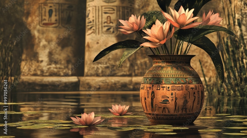 An ancient Egyptian-style vase with hieroglyphic patterns, brimming ...