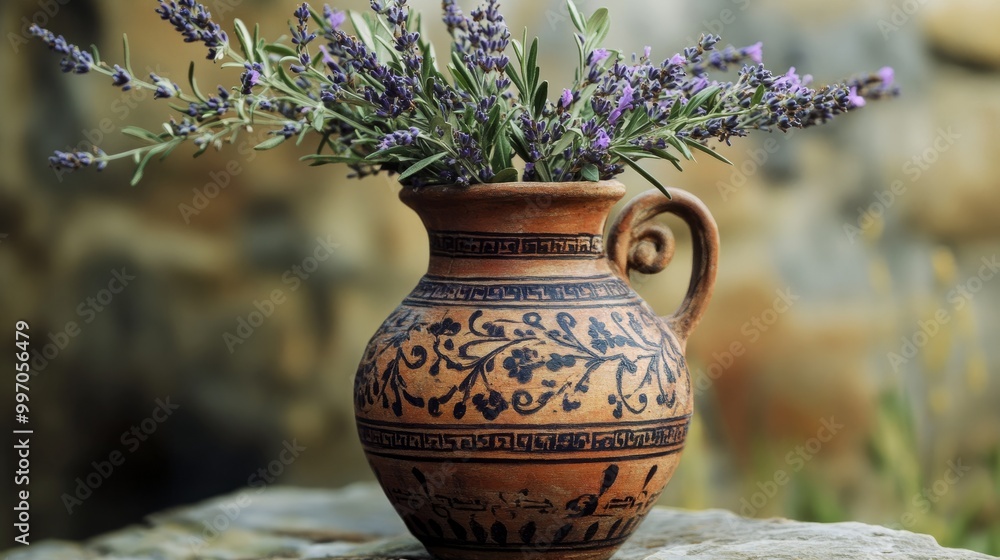 An ancient Egyptian-style vase with hieroglyphic patterns, brimming ...