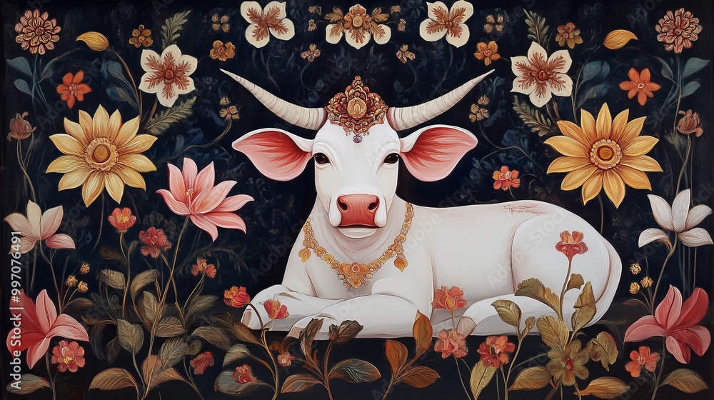 An Asian white cow Pichwai painting with a dark background is perfect ...