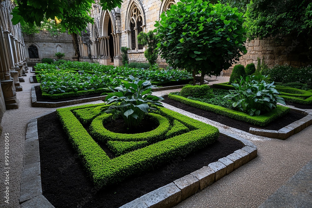 Monastery gardens in AlcobaÃ§a, with lush greenery and a backdrop of ...