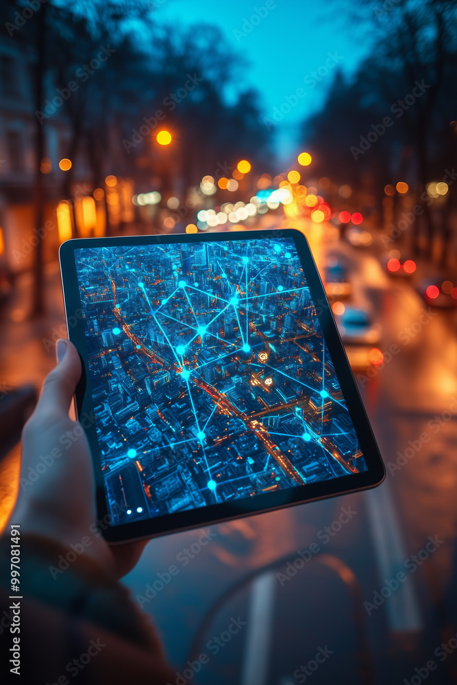 Close-up of hand holding tablet with city map on screen, holographic ...
