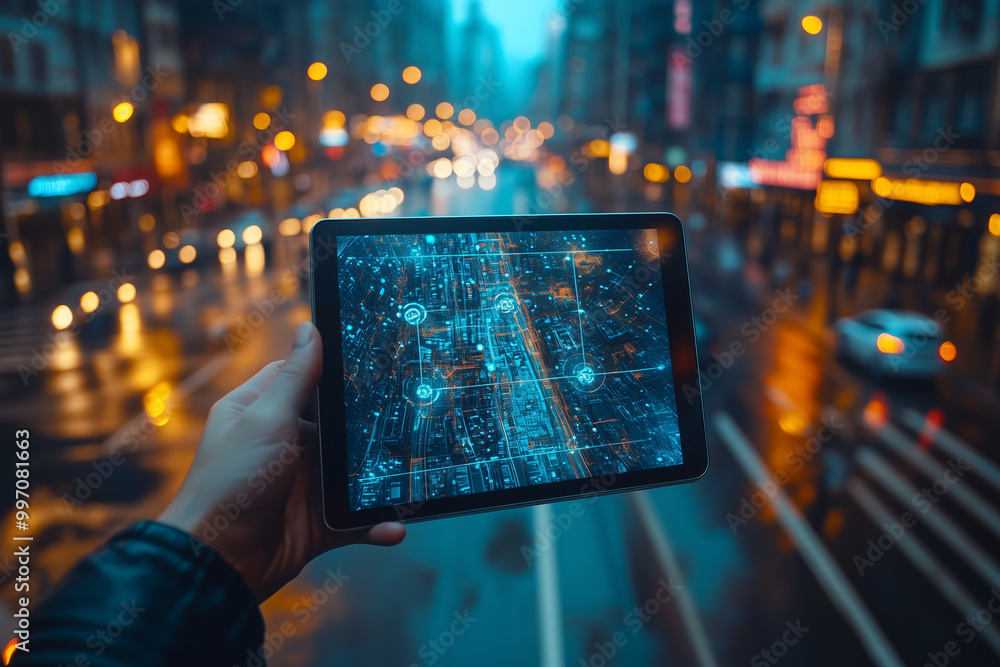 Close-up of hand holding tablet with city map on screen, holographic ...