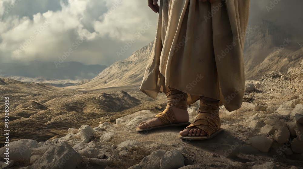 Jesus standing wearing robs, wearing sandals, The feet of Jesus Stock ...