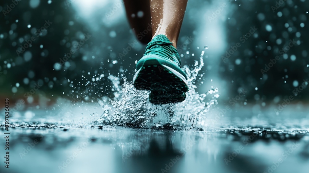 Foto de Green running shoes splash through a water-covered pavement ...