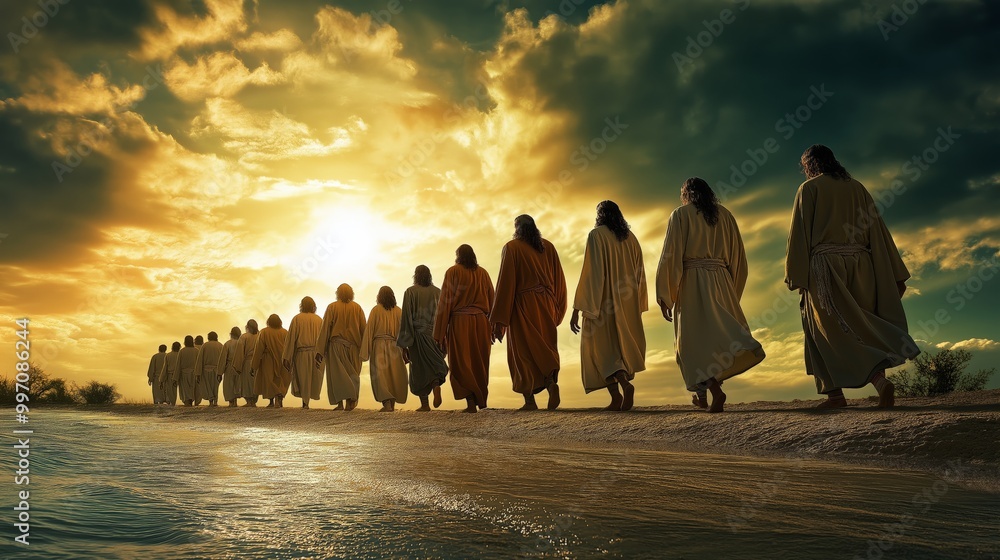 Jesus is leading the way and walking to heaven. disciples follow Stock ...