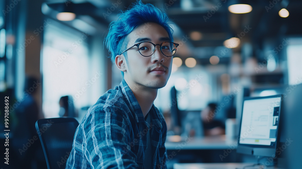 Gay gen z asian man with blue hair working in an office with other ...