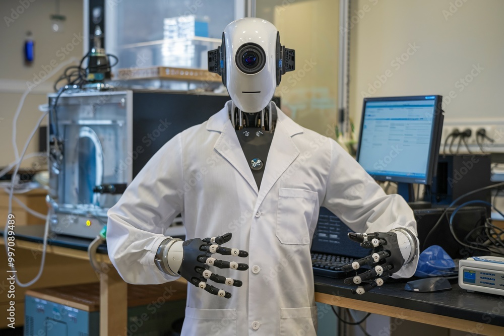 The Future of Science: A humanoid robot, clad in a white lab coat ...