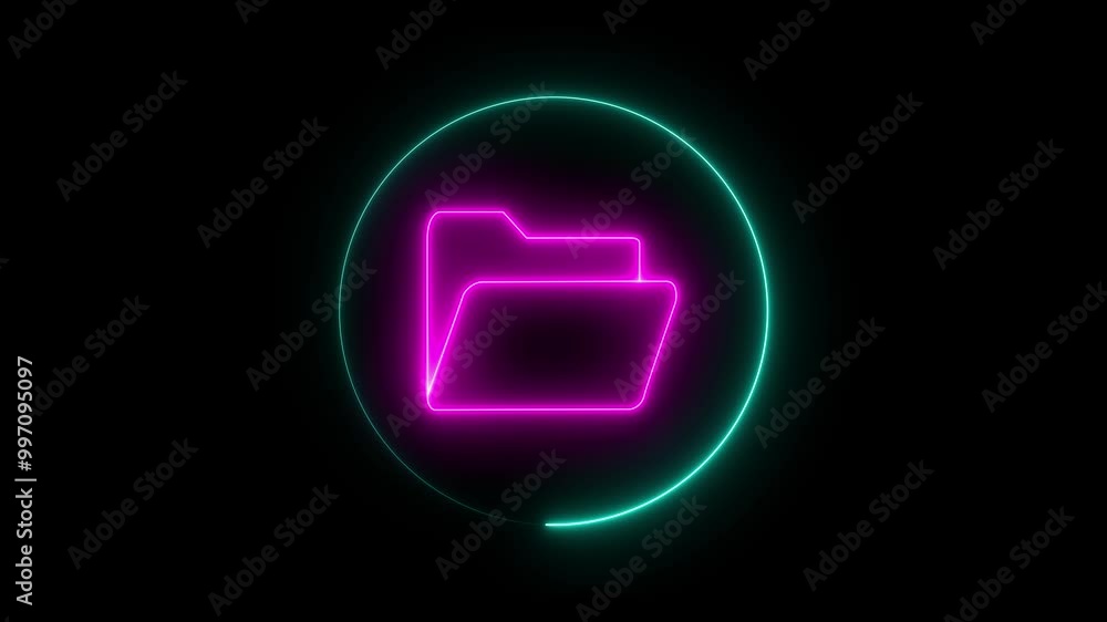 Neon glowing mobile device folder icon animated on black background ...