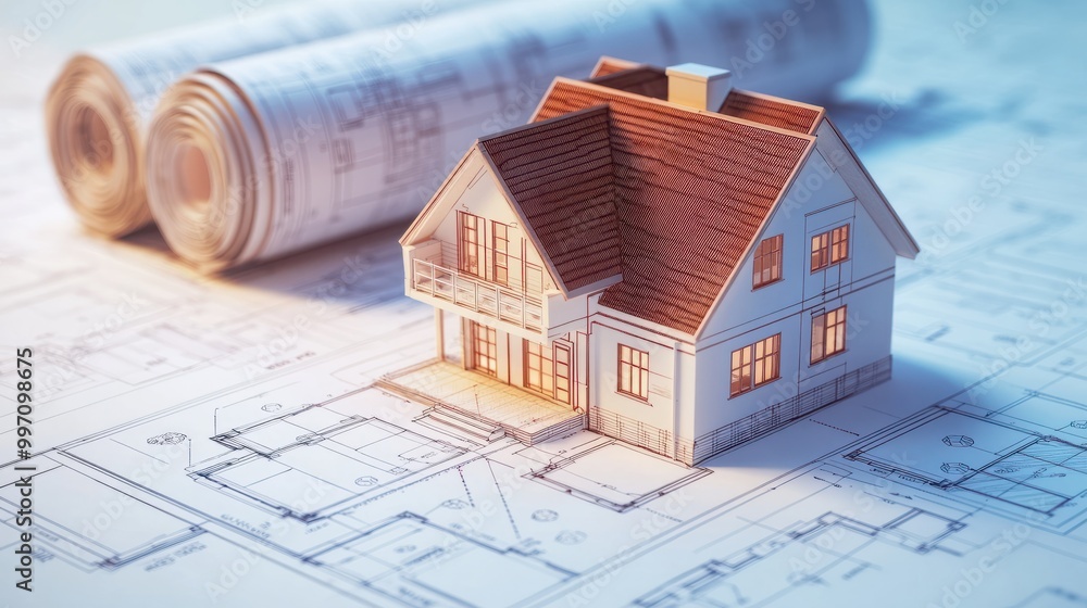 House blueprints, blue print style floor plans on architects desk ...