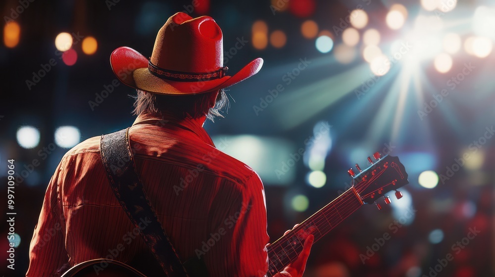 Country music festival with guitarist on stage wearing cowboy hat ...