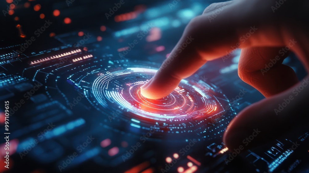 Digital twin concept. A finger touches and connects with digital finger ...