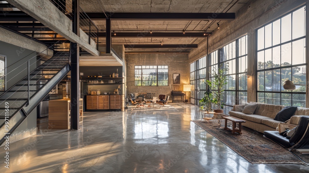 Minimalist industrial loft featuring an open floor plan, high raw ...