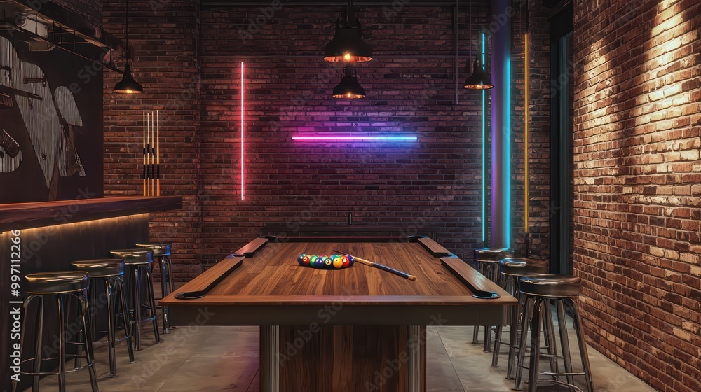 Modern industrial-themed game room with a wood billiard table, steel ...