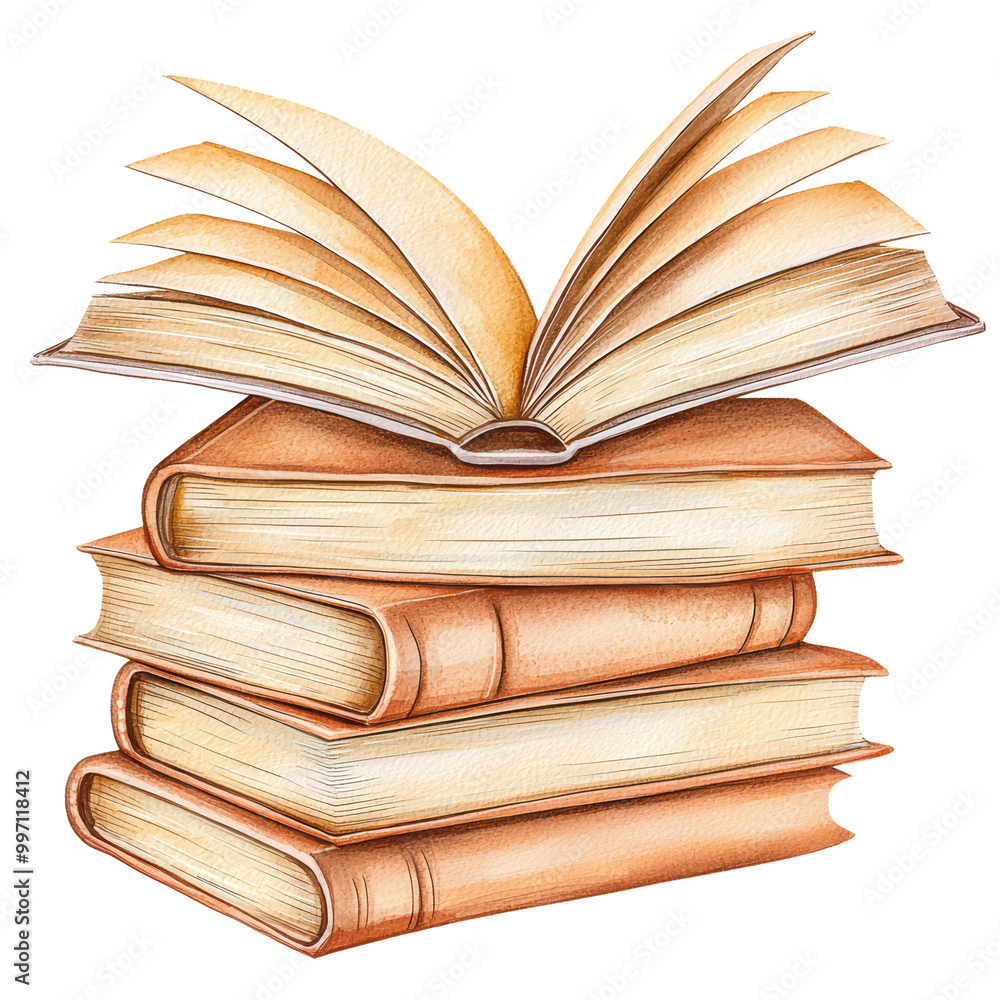 Stack of books with an open book on top isolated on transparent ...