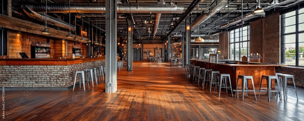 An expansive industrial event space with wooden floors, high metal ...