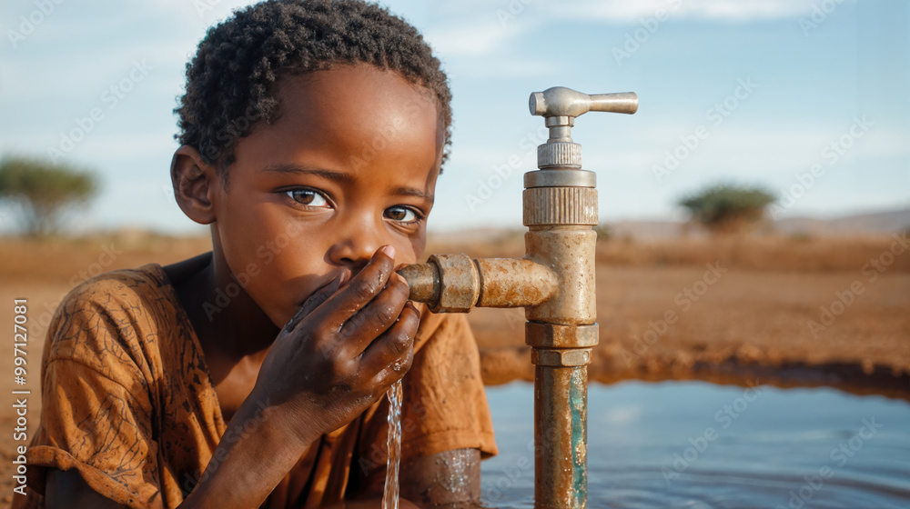 African kid drinking water from faucet in africa, sad thirsty child in ...