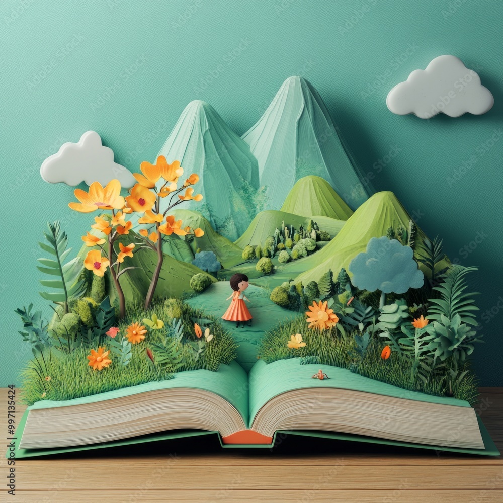 A papercraft depiction of a young girl standing in a lush green ...