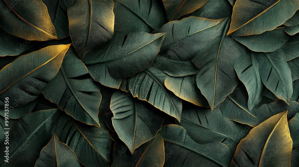 Detailed engraving of overlapping tropical leaves, each leaf etched ...